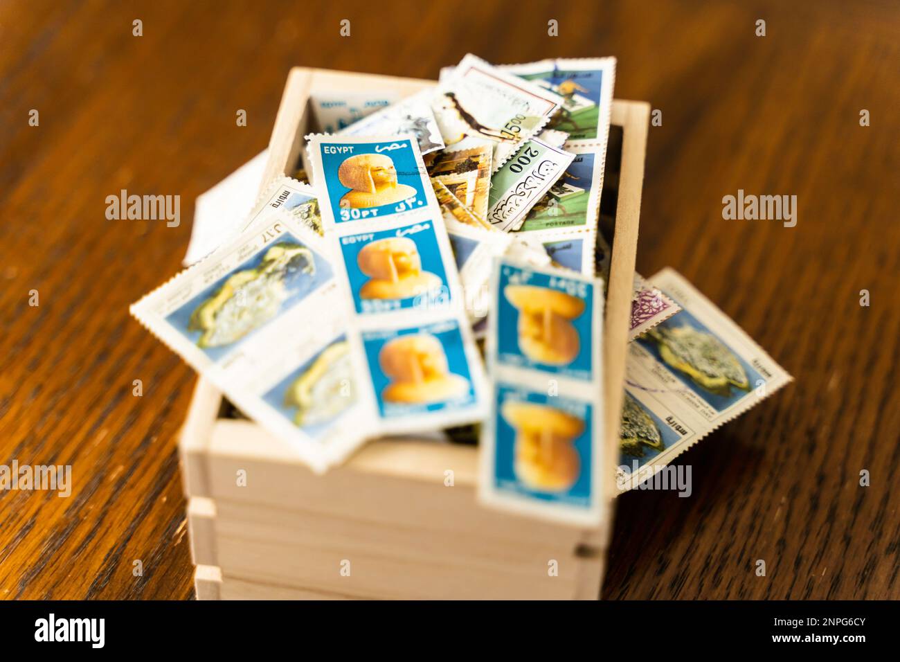 April 16 2019 - Calgary Alberta Canada - Box full of used postage ...