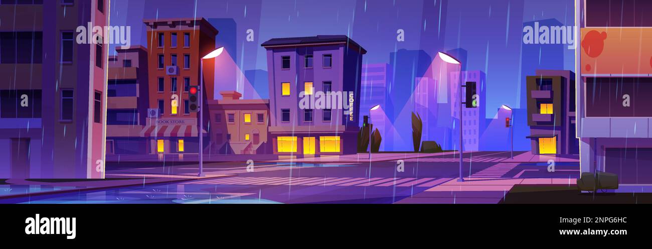 Night city street crossroad scene with car traffic. Evening in rainy ...