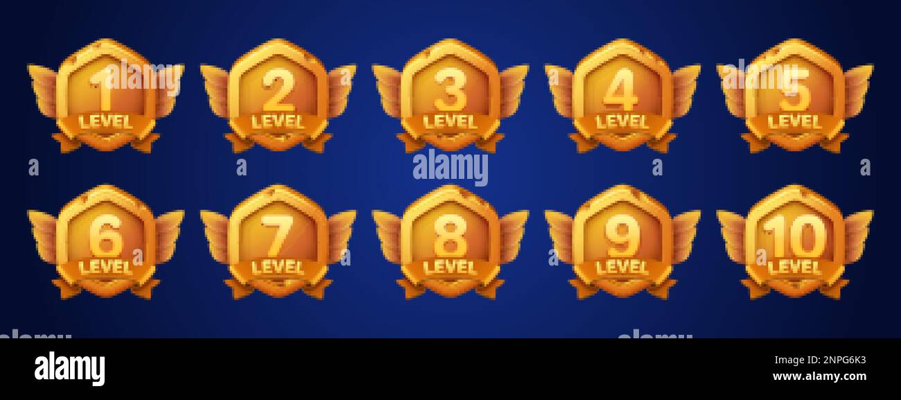 Game damaged gold badges with level number. Achievement rank emblems ...