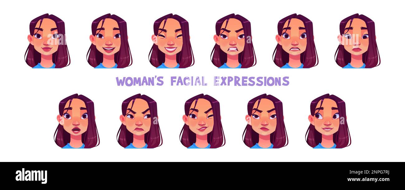Asian woman facial expressions isolated on white background. Vector ...