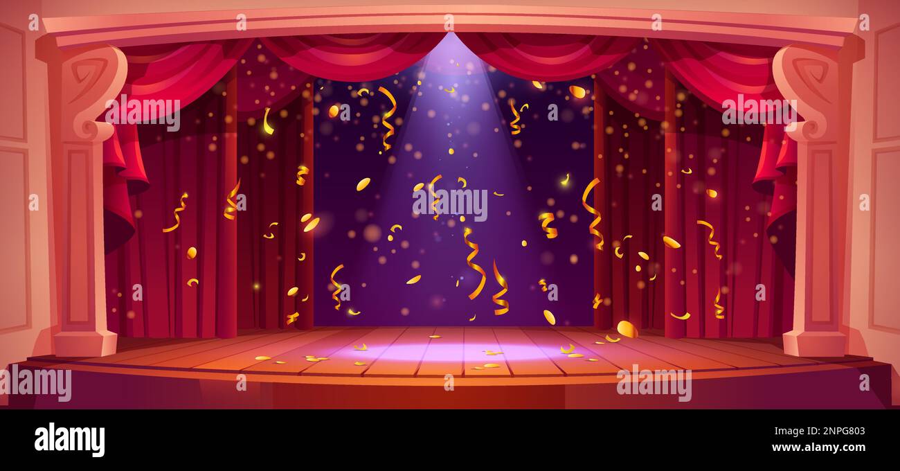 Theater stage with red curtain, light and confetti vector cartoon ...