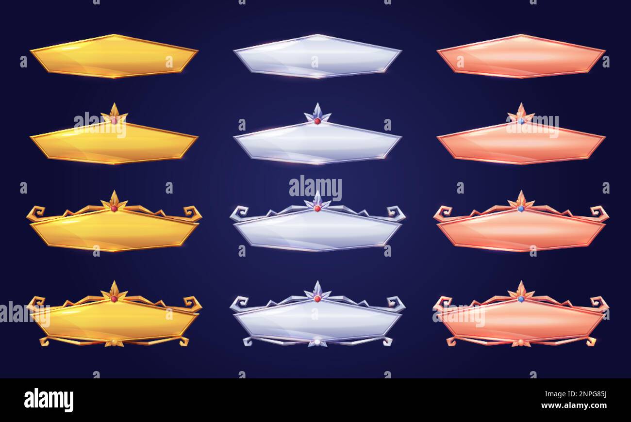 Medieval game button or board, ui metal fantasy border, golden, silver ...