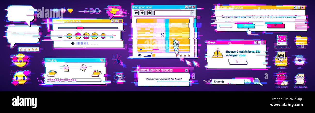 Retro computer digital interface with glitch effect. Desktop PC screen ...