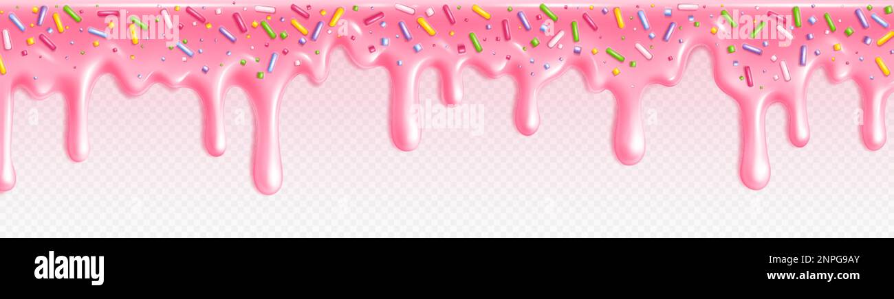 Pink donut icing glaze. Realistic isolated candy melt drip border in ...