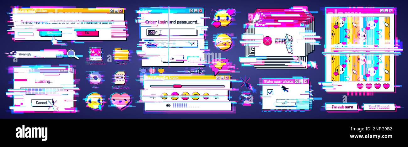 Glitch in retro computer system. Vector illustration of distorted 90s style software windows ...