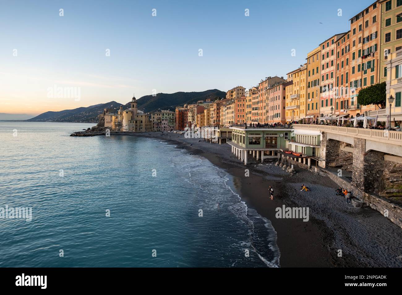 Italian riviera bay of the Camogli village in Liguria at sunrise ...