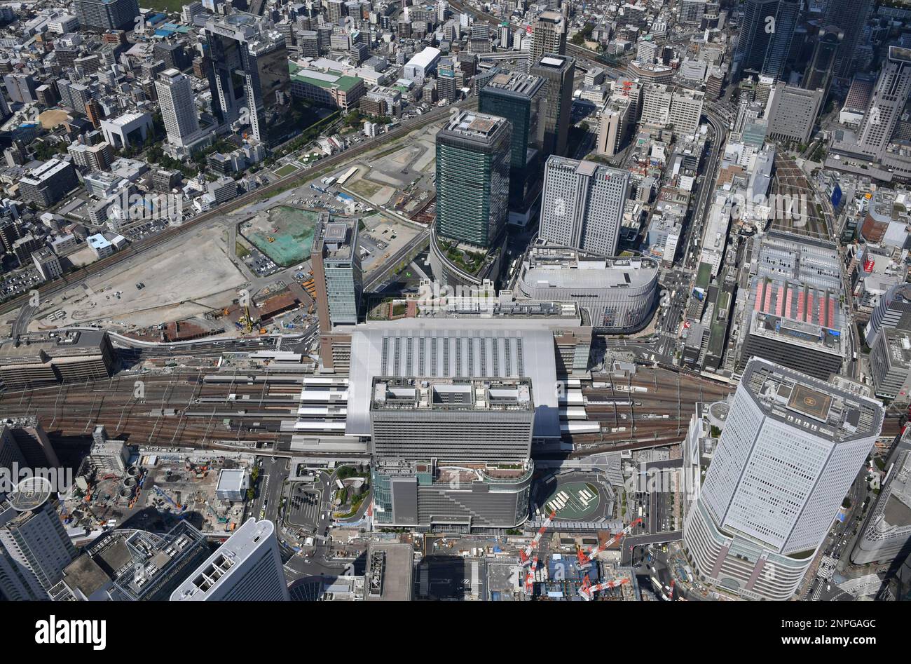 An aerial photo shows Osaka Station in Osaka City, Osaka Prefecture on ...