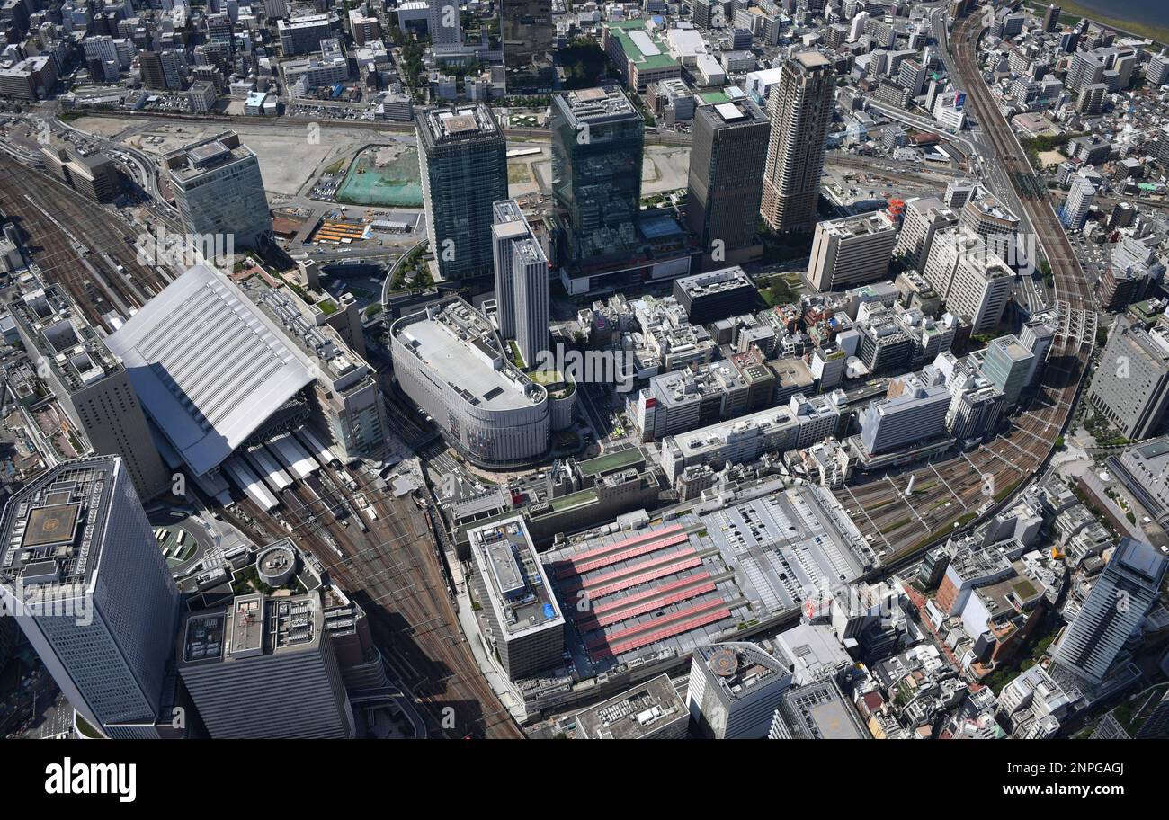 An aerial photo shows Osaka Station in Osaka City, Osaka Prefecture on ...