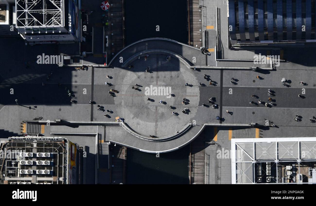 An aerial photo shows the Ebisu-bashi Bridge in Dotonbori, Osaka ...