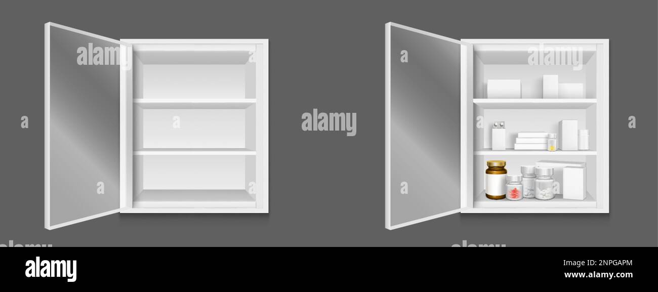 Realistic set of open medical cabinets isolated on background. Vector ...