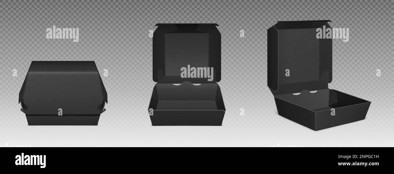 Realistic black burger box isolated mockup. Vector 3d closeup asian ...