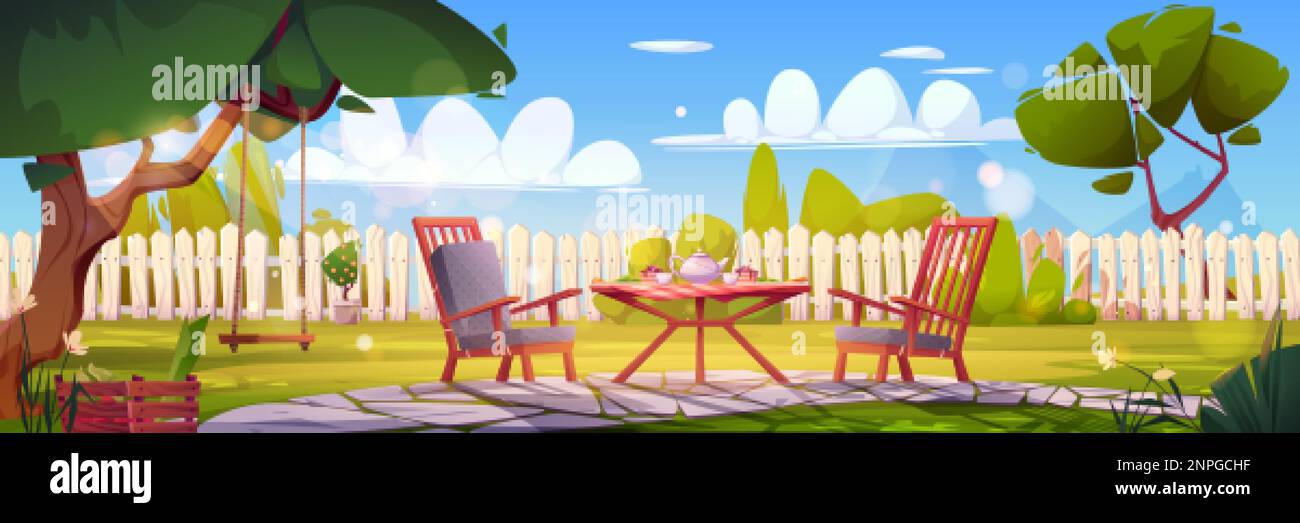 Breakfast on house backyard with table and chair on green grass, tree ...