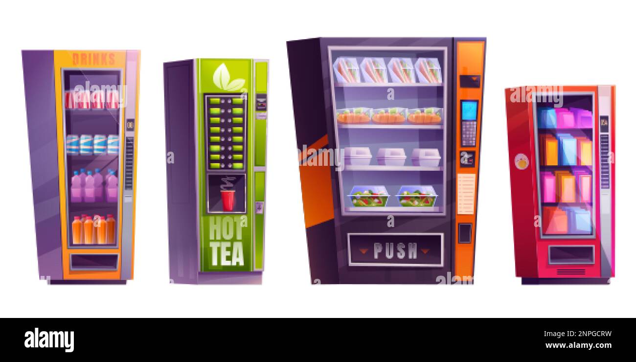 Set of isolated vending machine with snack, candy and tea vector cartoon illustration. Dispenser ...