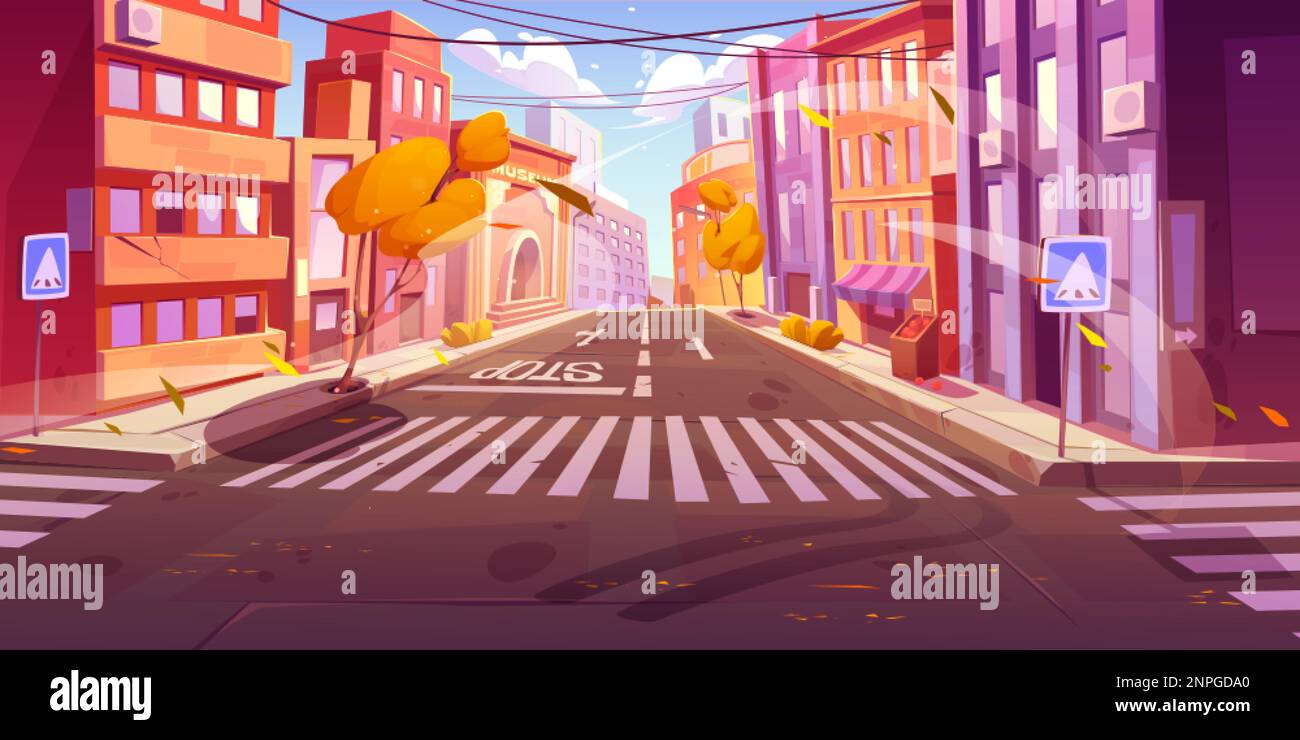 Autumn day city crossroad with wind cartoon background. Vector falling ...
