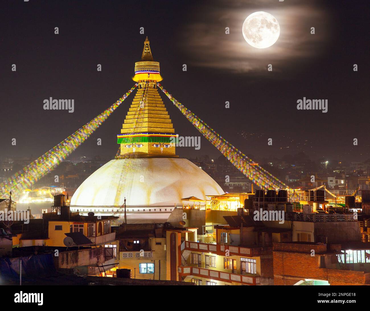 Evening or night view of Boudha or Bodhnath stupa in Kathmandu with ...
