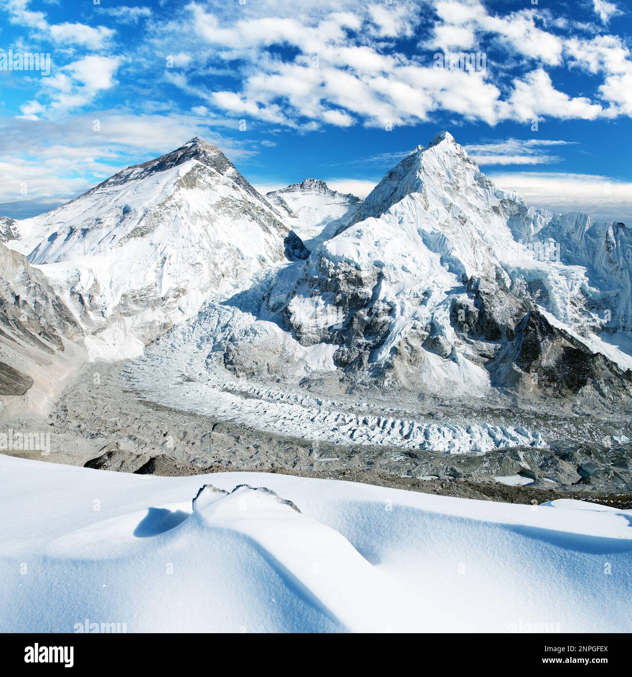View of Mount Everest, Lhotse and Nuptse from Pumo Ri base camp, blue ...