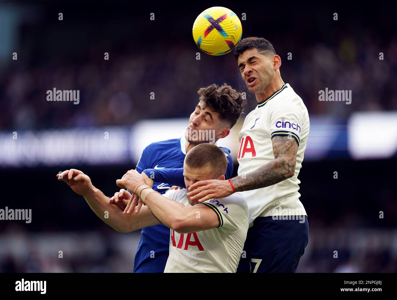 Tottenham Hotspur's Cristian Romero wins a header ahead of Chelsea’s ...