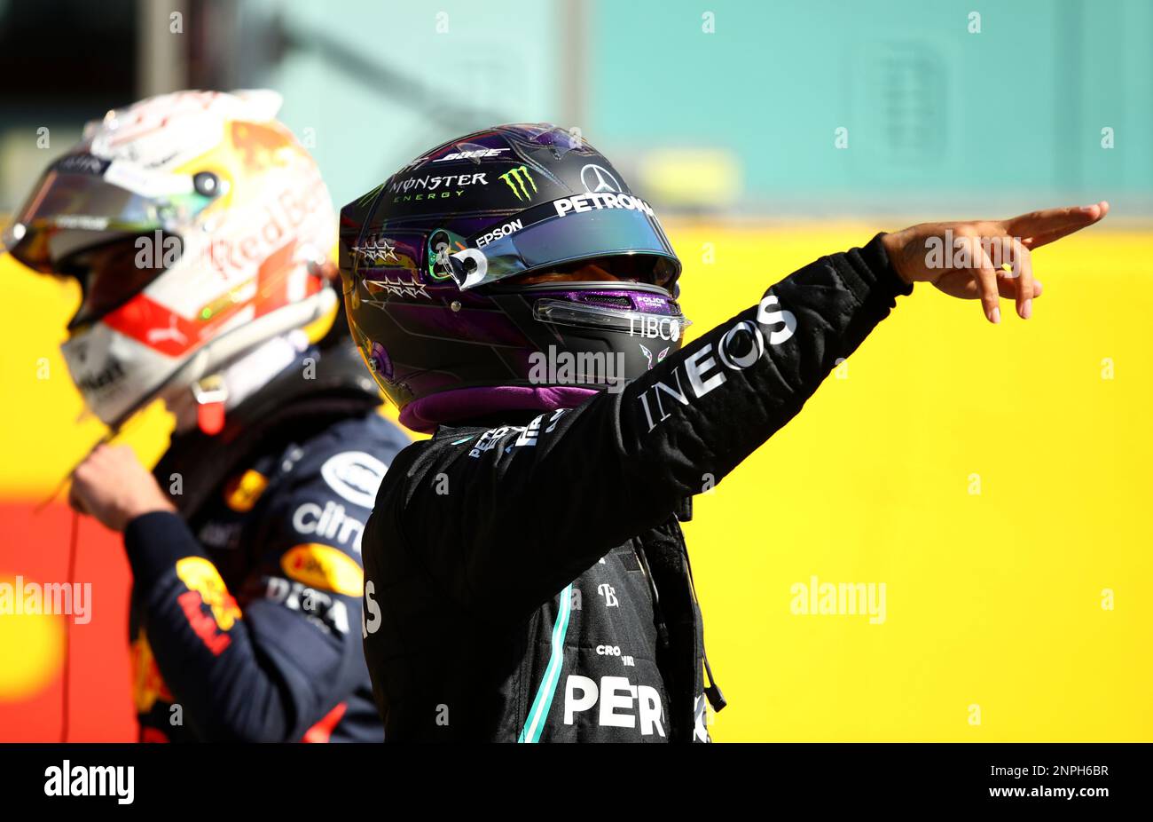 Mercedes driver Lewis Hamilton of Britain gestures after clocking the ...