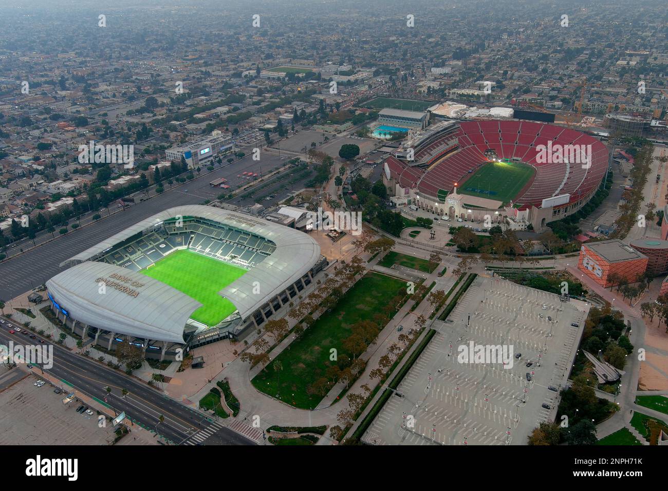 A general view of Banc of California Stadium (left) and Los Angeles ...