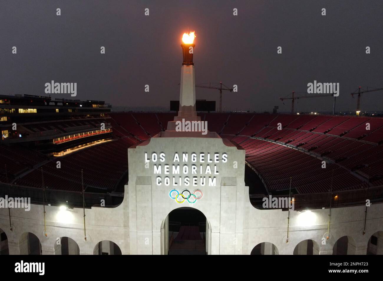 A general view of the Olympic torch and the Los Angeles Memorial ...
