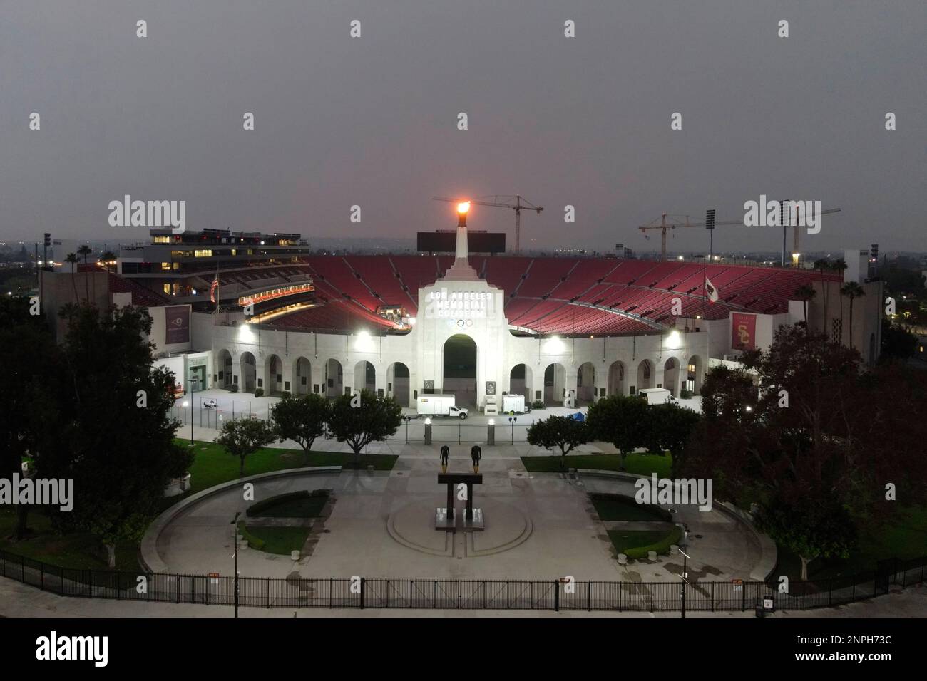 A general view of the Olympic torch and the Los Angeles Memorial ...