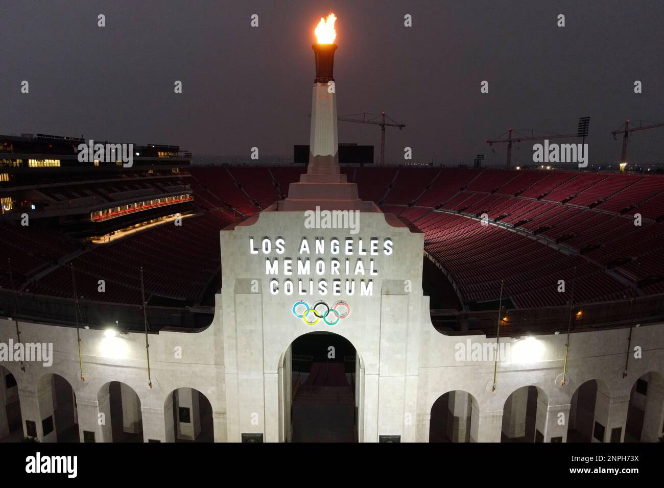 A general view of the Olympic torch and the Los Angeles Memorial ...