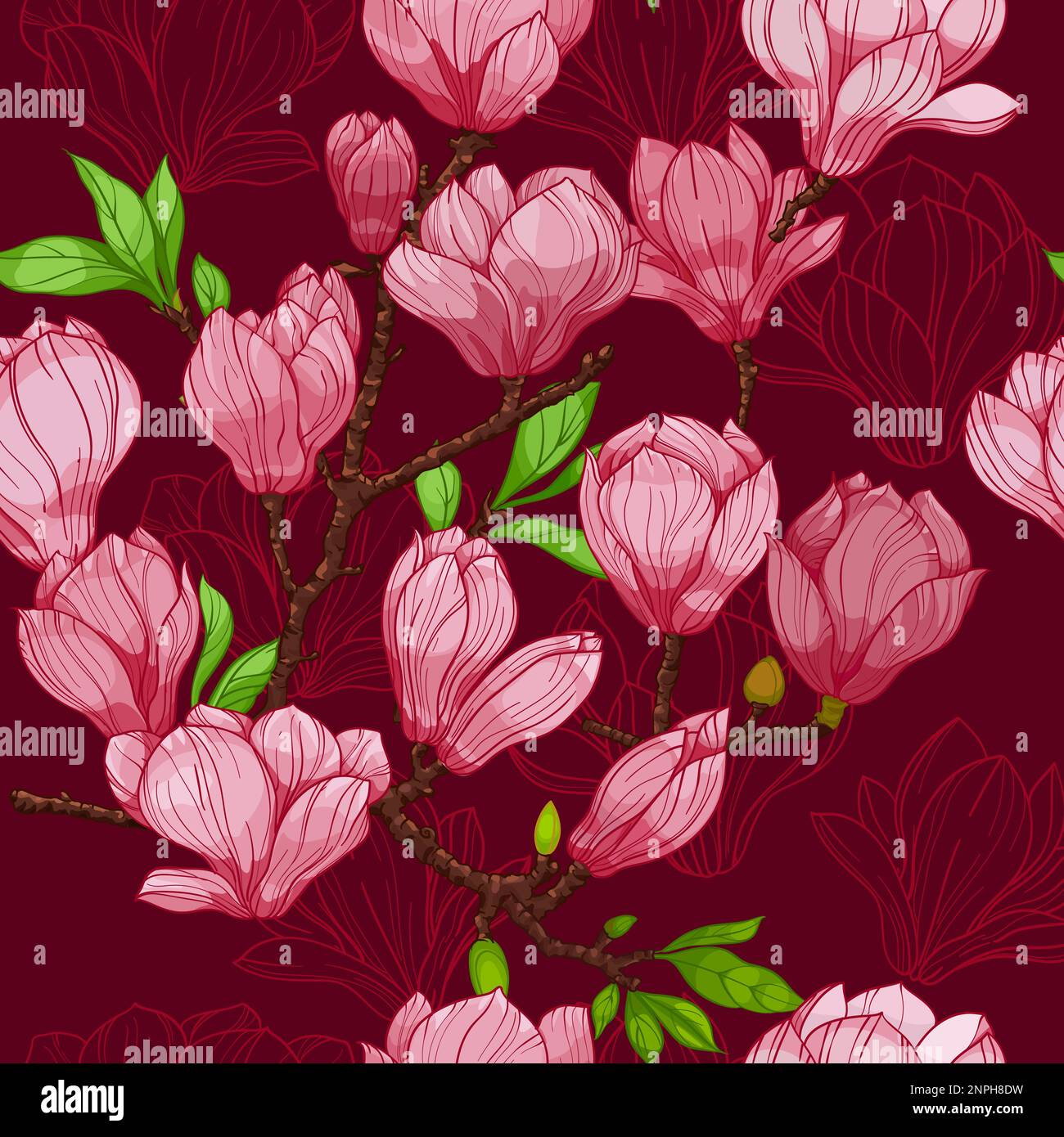 pink magnolia flowers, seamless pattern. hand drawn illustration Stock ...