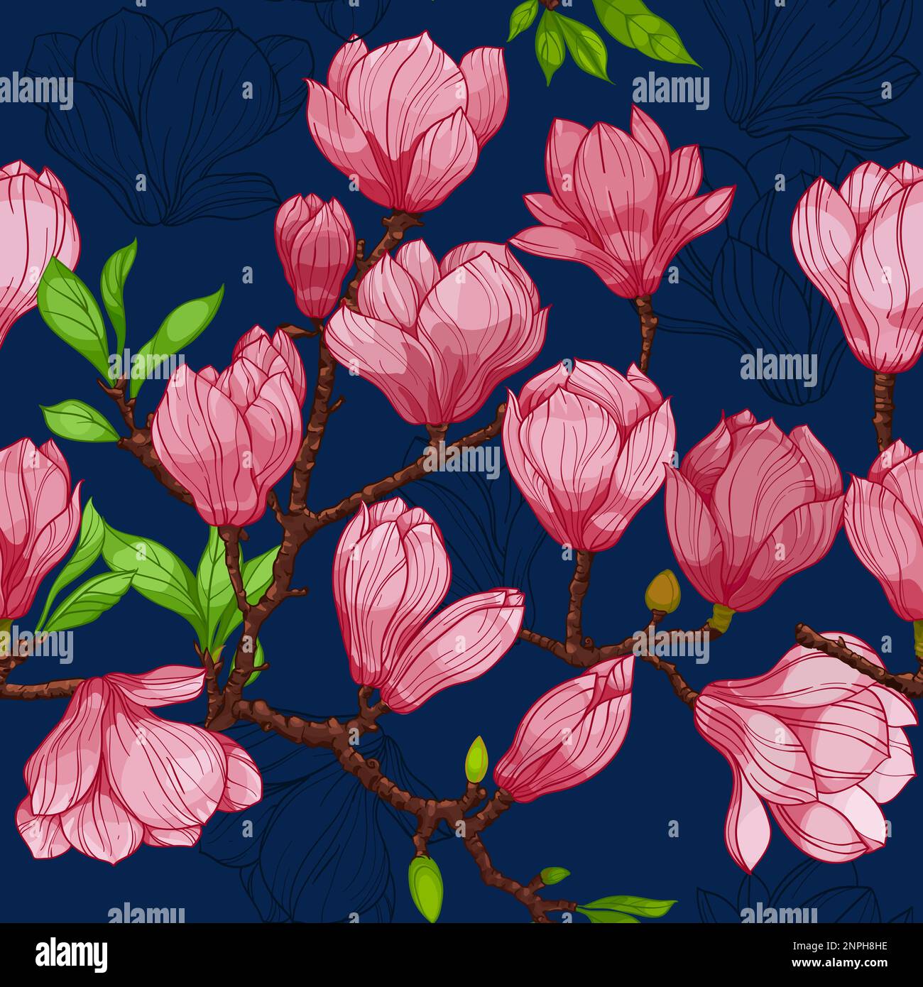 Pink Magnolia Flowers Seamless Pattern Hand Drawn Illustration Stock