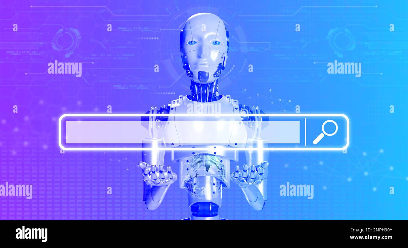 3d rendering robot showing virtual hologram of search engine bar with ...