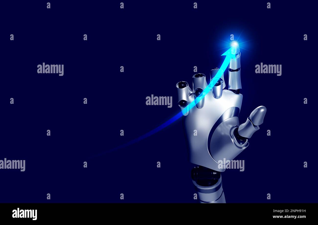 3d rendering smart robot's hand draws rising futuristic arrow on blue ...