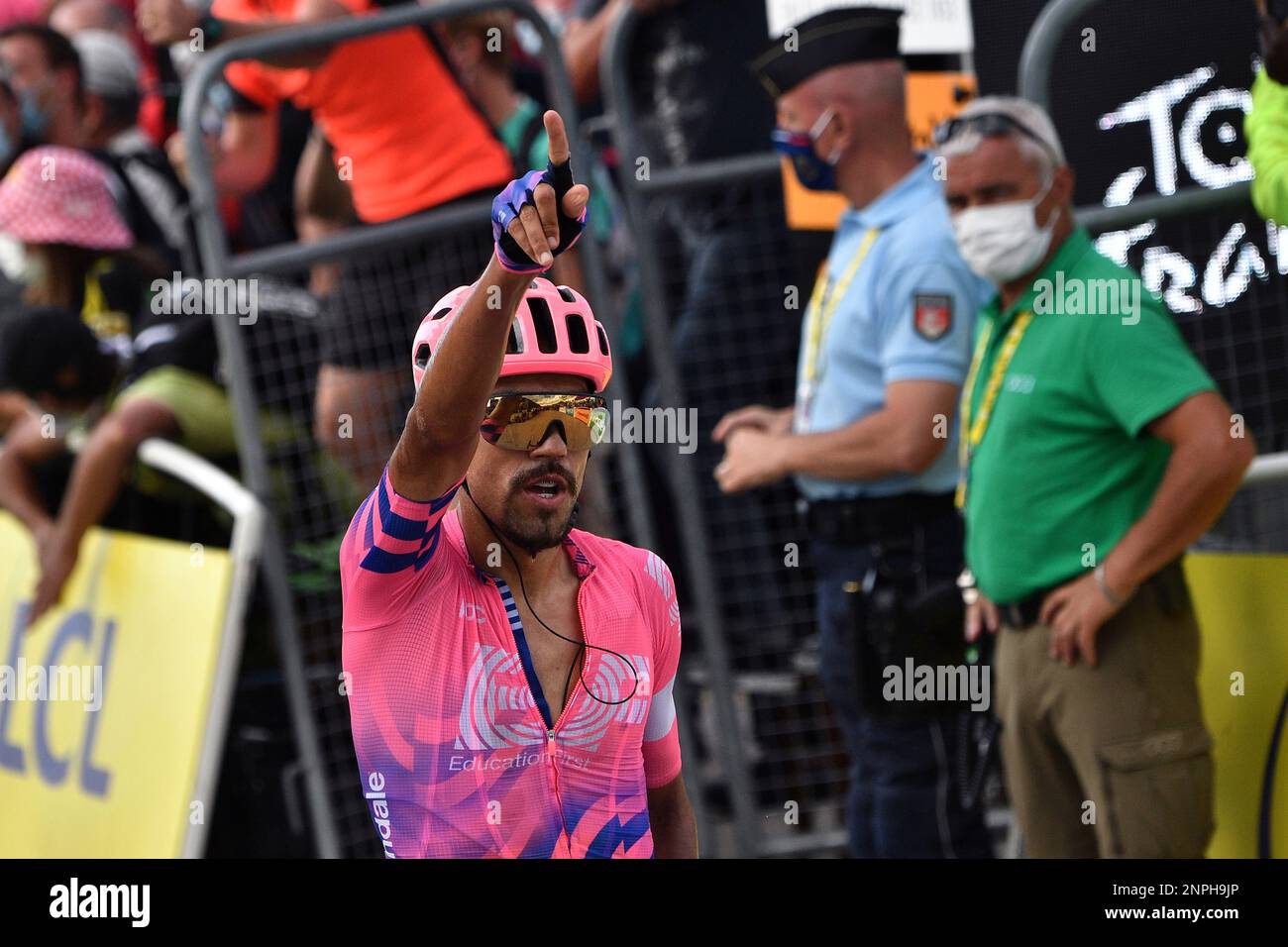 Colombia's Daniel Felipe Martinez celebrates as he crosses the finish ...