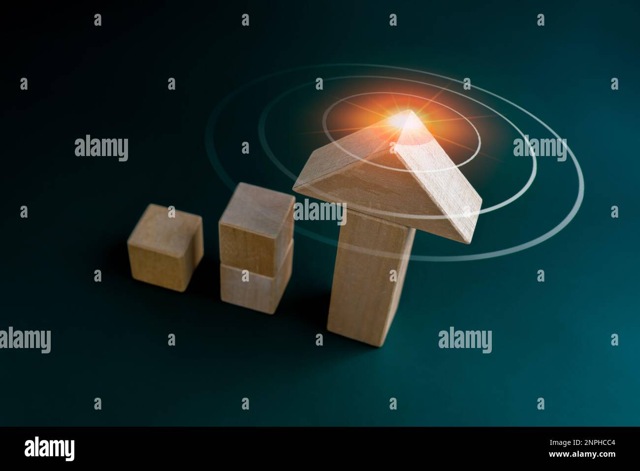 Target icon symbol on arrowhead wooden on cube blocks bar graph chart ...