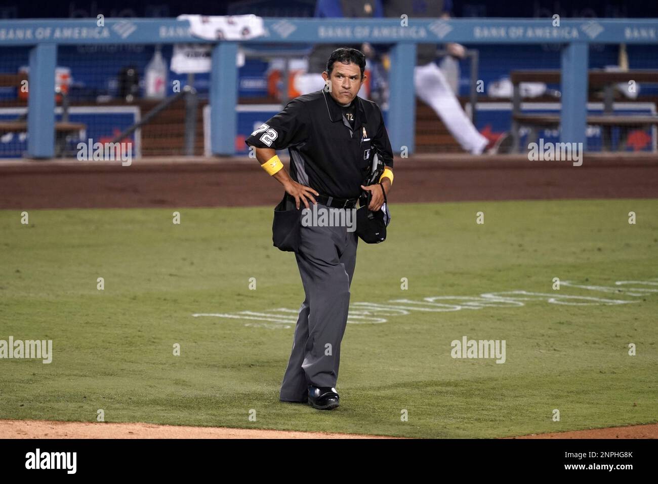Home plate umpire Alfonso Marquez (72) reacts during a MLB baseball ...