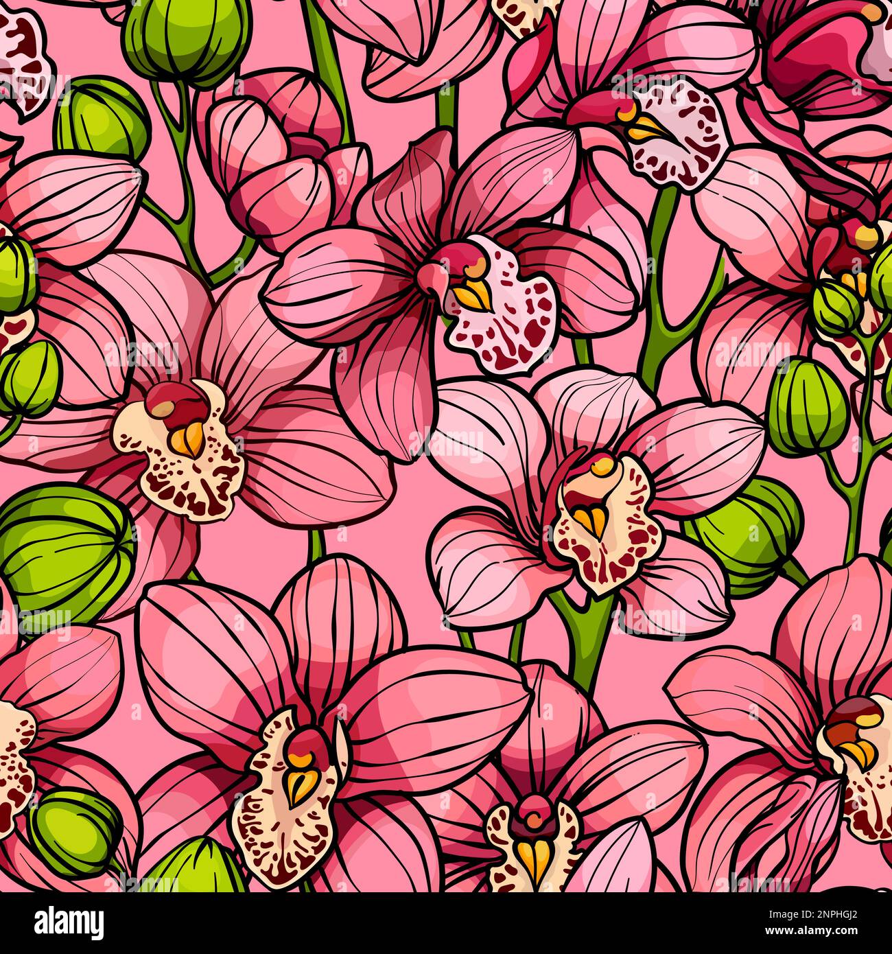 Pink orchids, seamless vector pattern. hand drawn illustration Stock ...