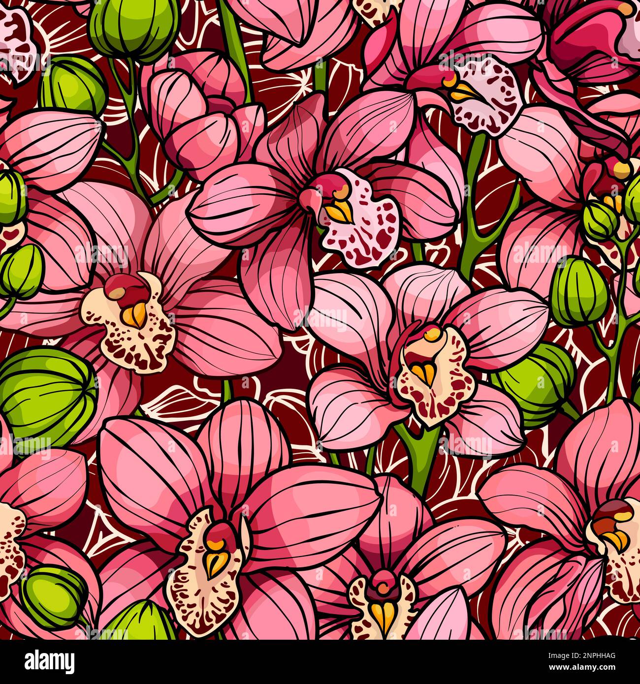 Pink Orchids Seamless Vector Pattern Hand Drawn Illustration Stock