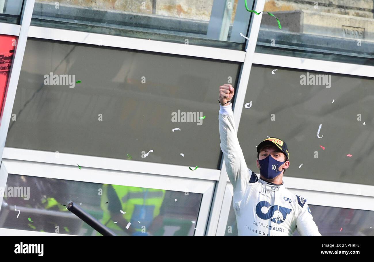 AlfaTauri driver Pierre Gasly of France celebrates on the podium after ...