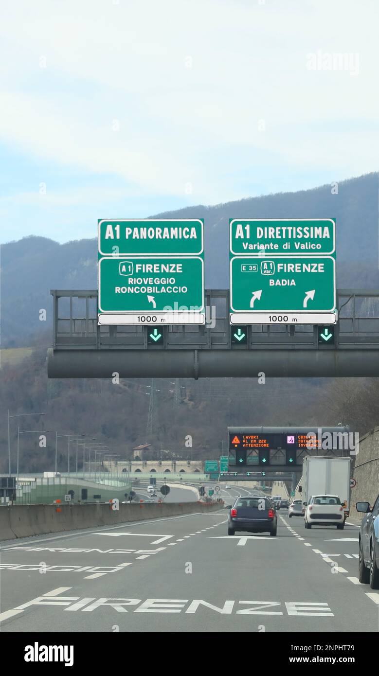 Signal at crossroad and name of two way to Florence called DIRETTISSIMA ...