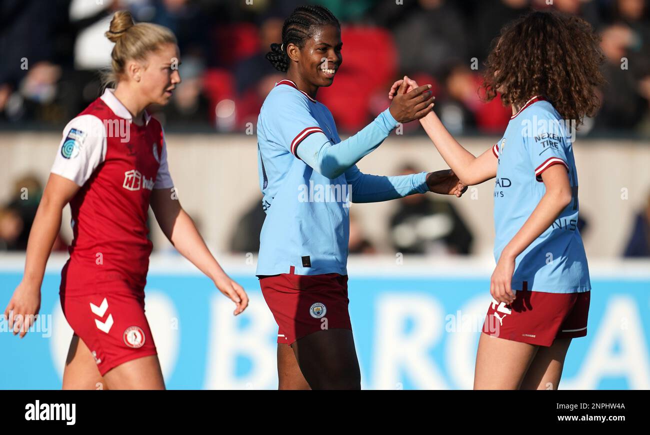 Manchester City's Khadija Shaw (centre) congratulates Jemima Dahou ...