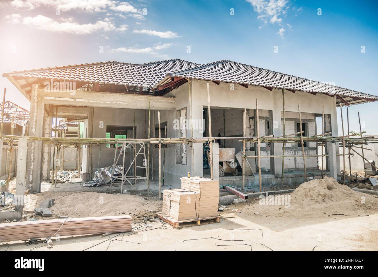 construction residential new house in progress at building site Stock ...
