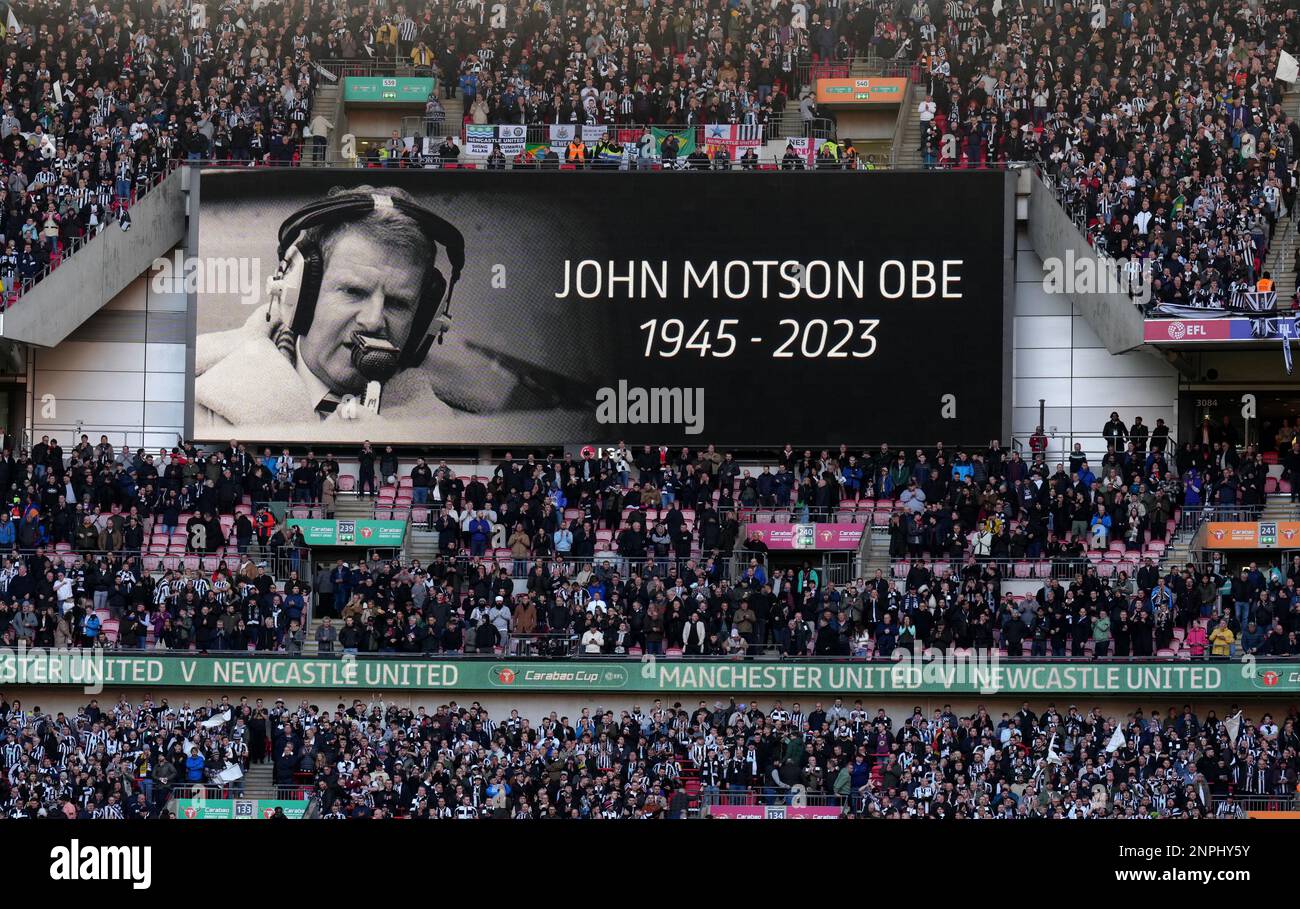 A tribute to John Motson is shown on the big screen prior to the ...
