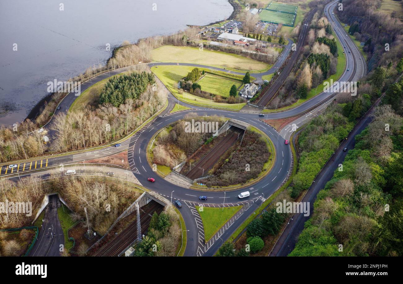 Aerial view of roundabout over railway track at Port Glasgow Stock ...