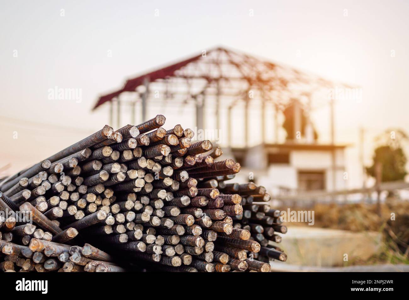 steel rebar for reinforcement concrete at construction site with house ...