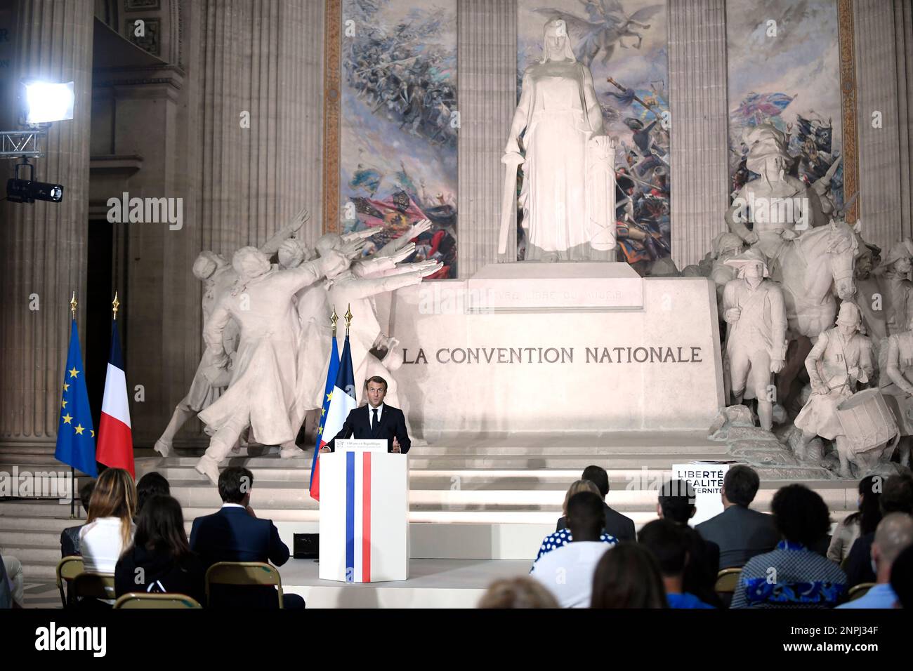 French President Emmanuel Macron speaks during a ceremony to celebrate ...