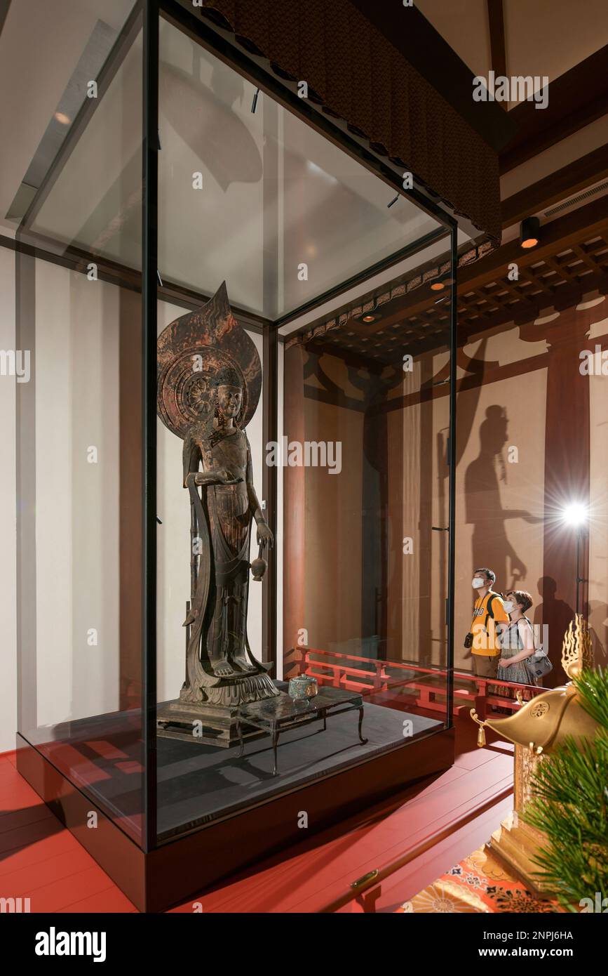 A statue of Kudara Kannon in a glass-made box is displayed at Horyu-ji ...