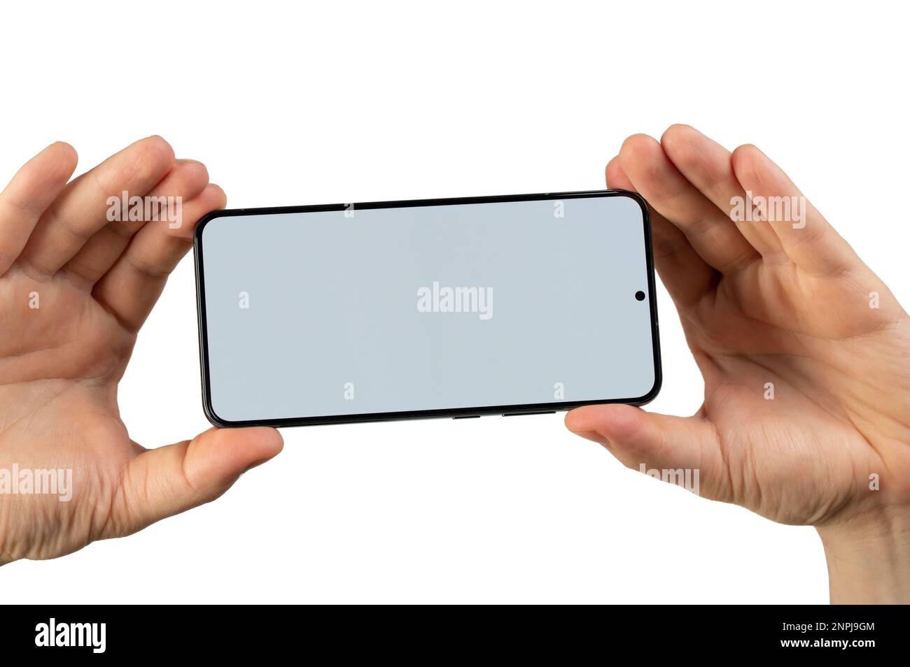 Smartphone in two hands in horizontal view isolated on white studio ...