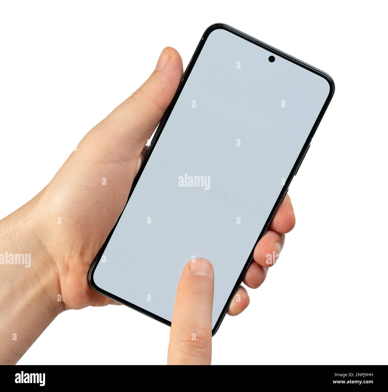 Mock up of using app on smartphone screen close up view isolated. Press ...