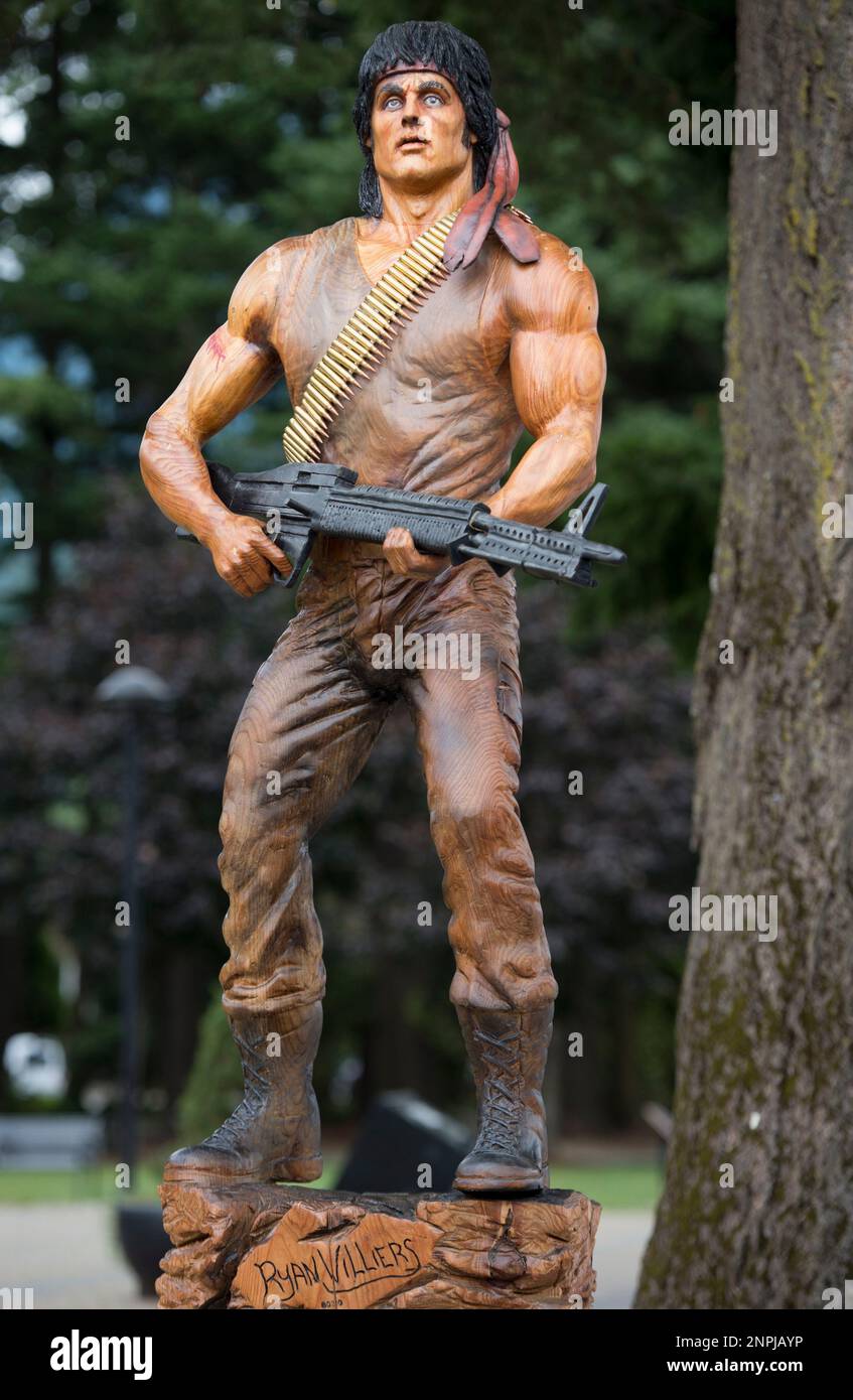 A life-size chainsaw cut statue of Sylvester Stallone as John Rambo is ...