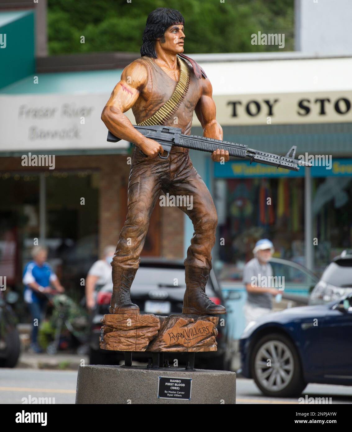 A life-size chainsaw cut statue of Sylvester Stallone as John Rambo is ...