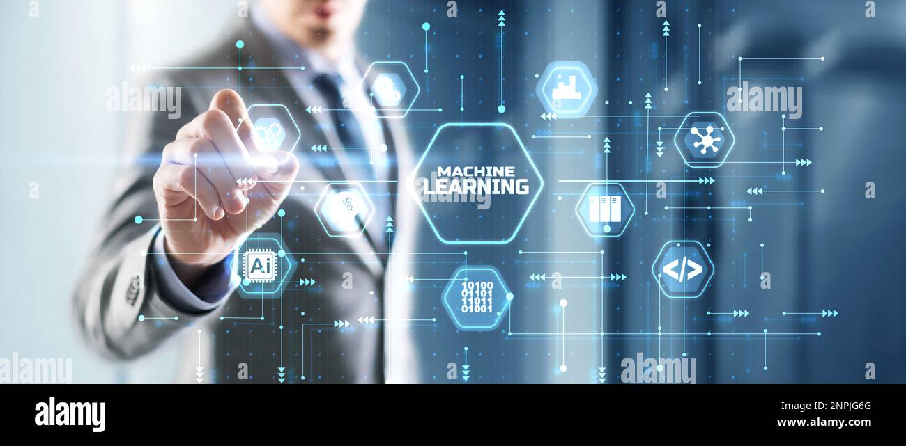 Businessman presses a button Machine learning. New technology 2023 ...