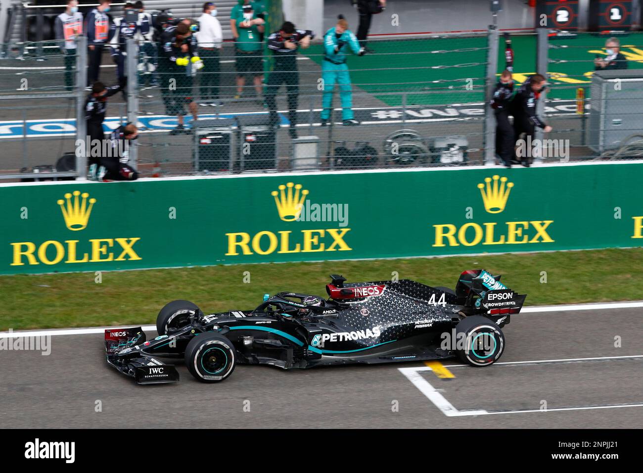 Mercedes driver Lewis Hamilton of Britain is applauded by team ...